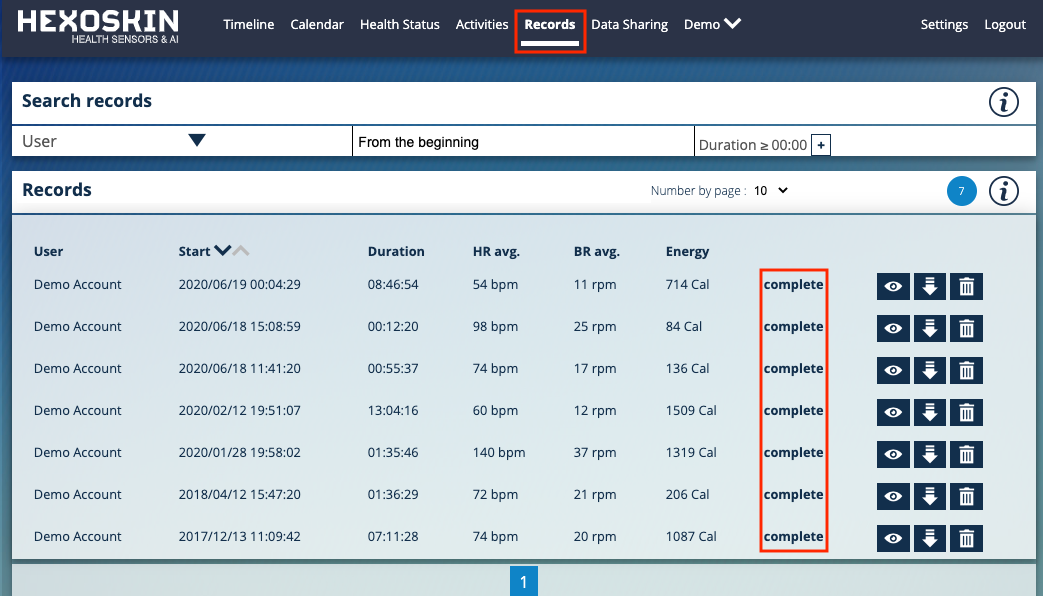 Missing Data on the Hexoskin Dashboard
